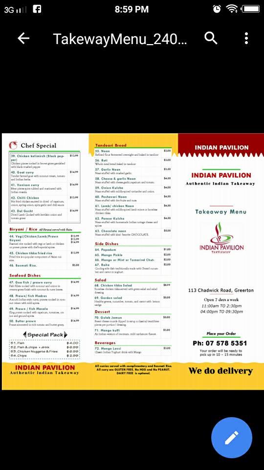 Menu at Indian Pavilion restaurant, Tauranga