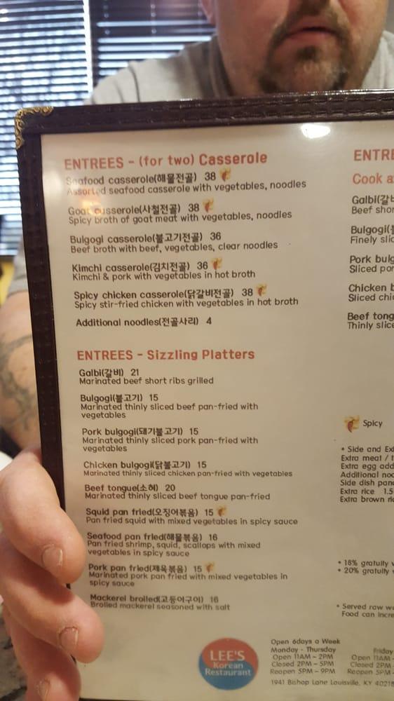Menu at Lee's Korean Restaurant, Louisville