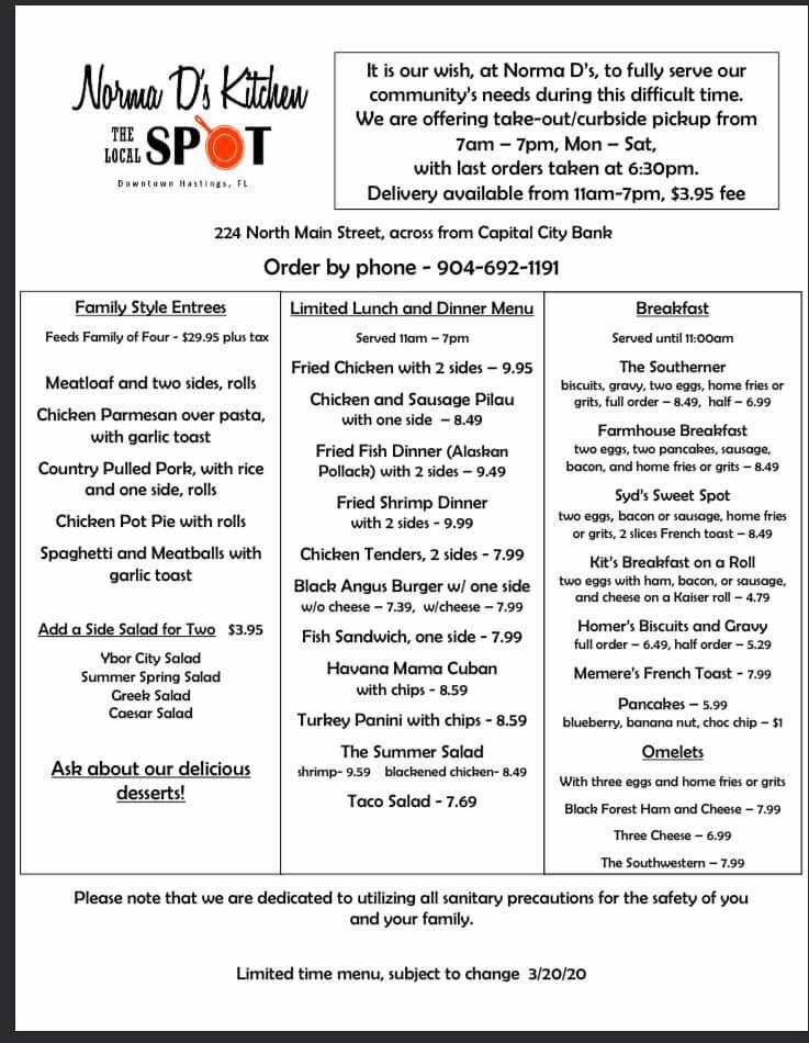 Menu at Norma D’s restaurant, Hastings