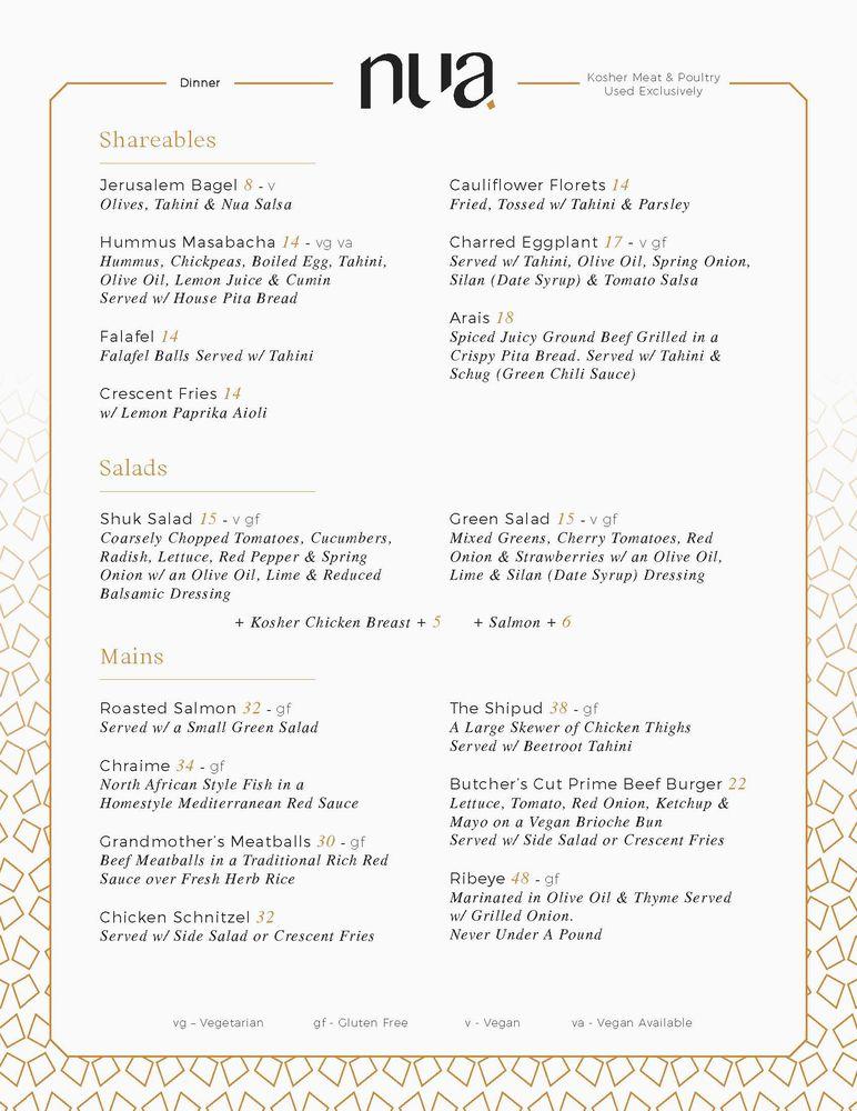 Menu at Nua pub & bar, Beverly Hills