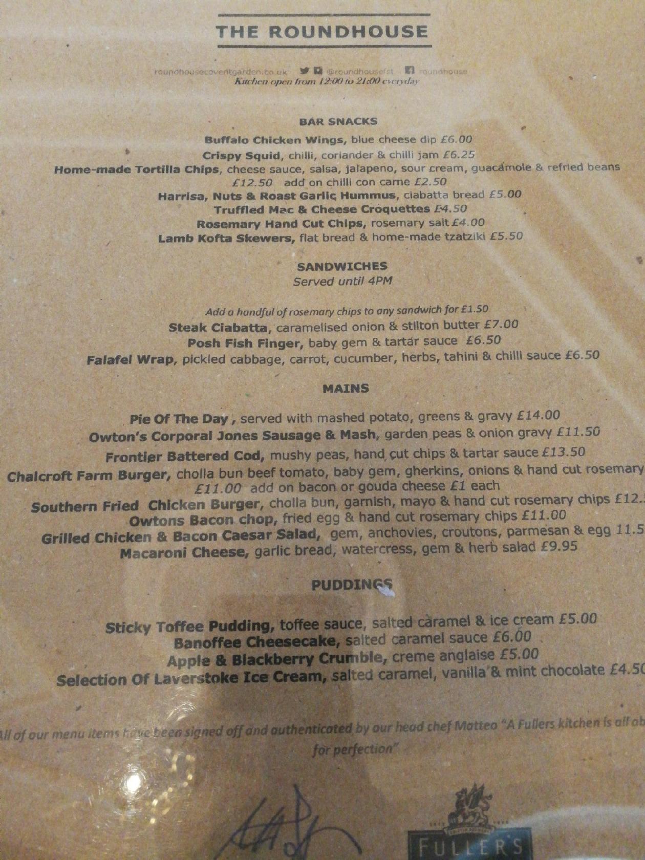 Menu at The Round House pub & bar, London