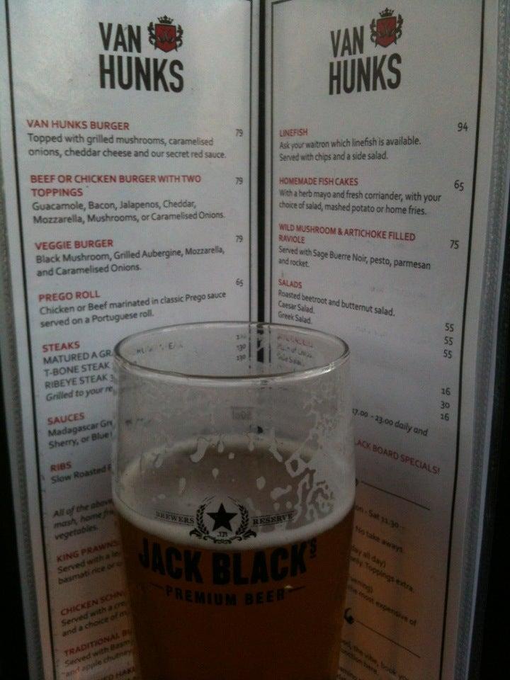 Menu at Van Hunks pub & bar, Cape Town