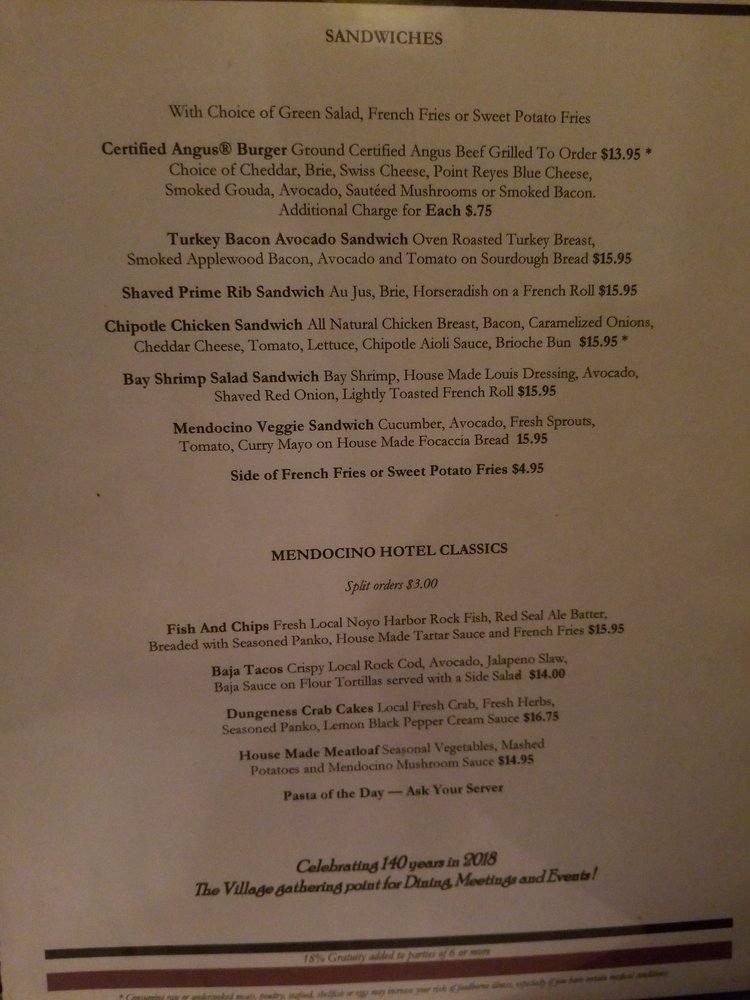 Menu at Victorian Dining Room restaurant, Mendocino, Main St