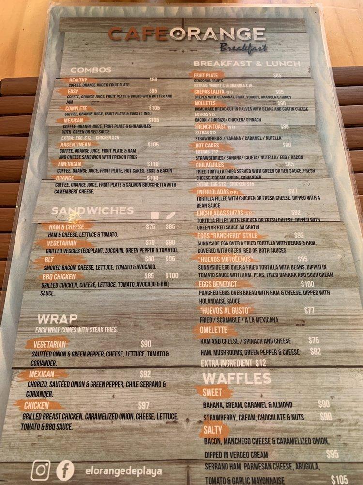 Menu at Cafe Orange, Playa del Carmen, Calle 30 Entre 25 y
