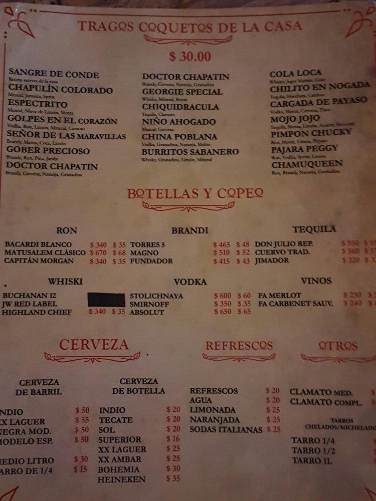 Menu at La Casa del Conde Ovando pub & bar, Puebla City
