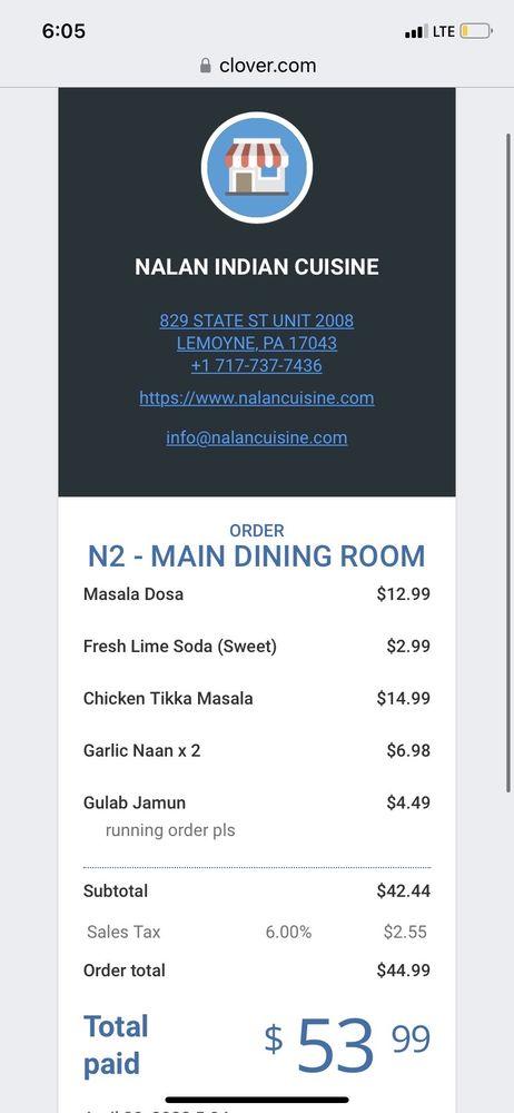 Menu at Nalan Indian Cuisine restaurant, Lemoyne