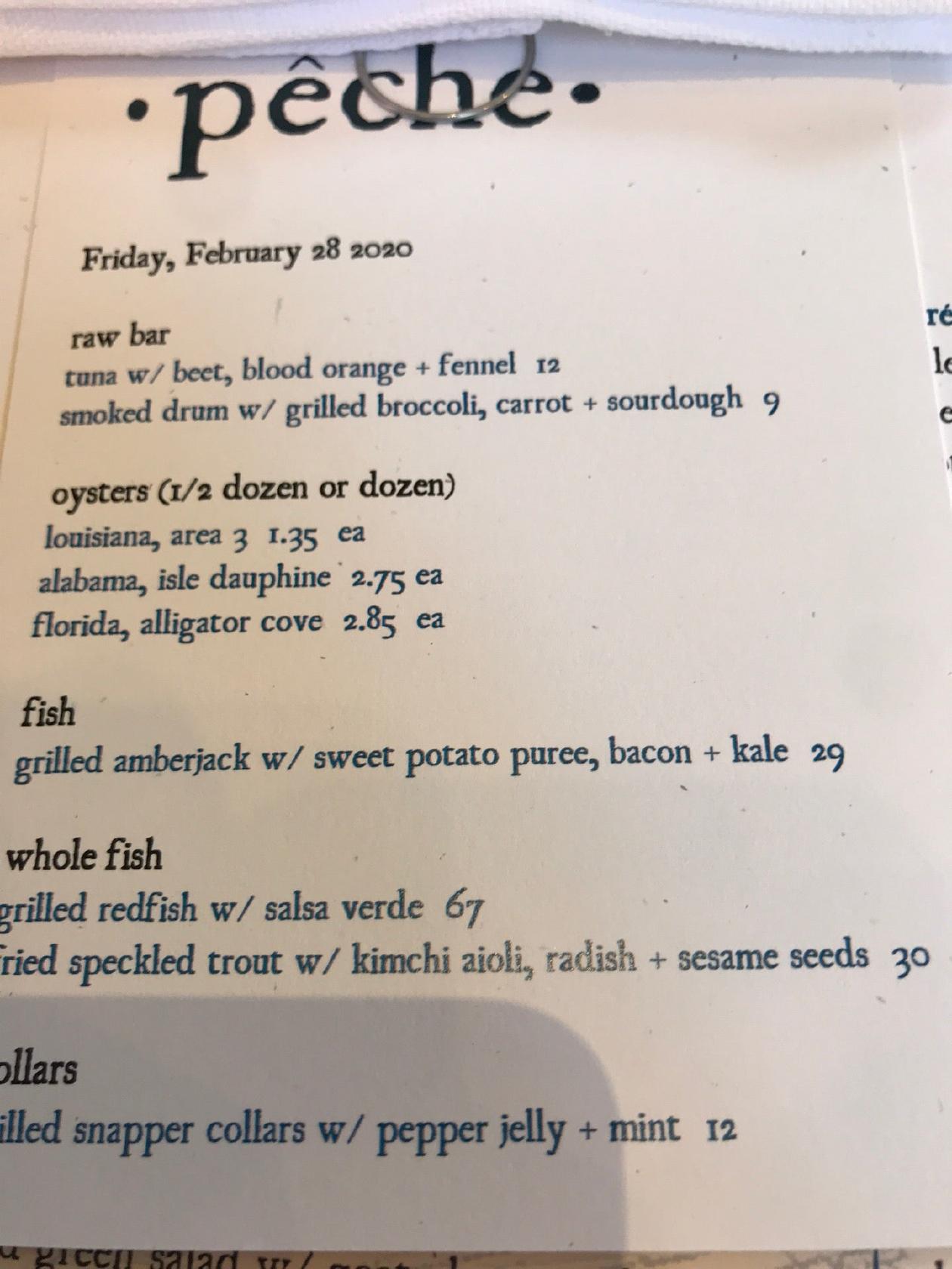 Menu at Pêche Seafood Grill restaurant, New Orleans