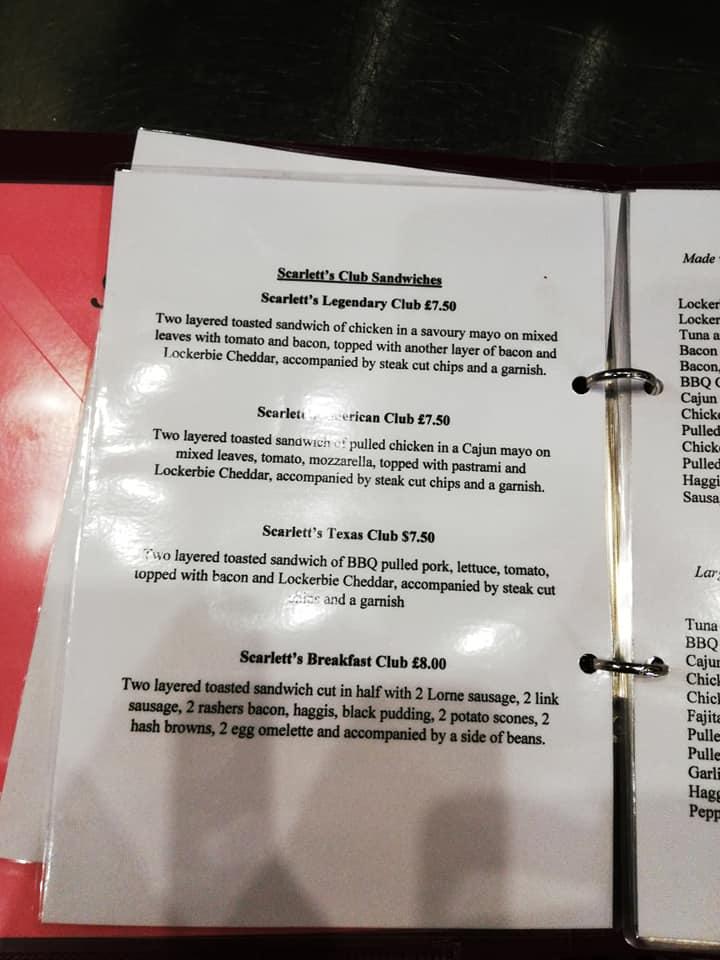 Menu at Scarlett's Cafe, Falkirk, 12 Union Road