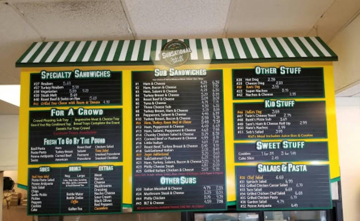 Menu at Sub-Sational restaurant, Whiteville