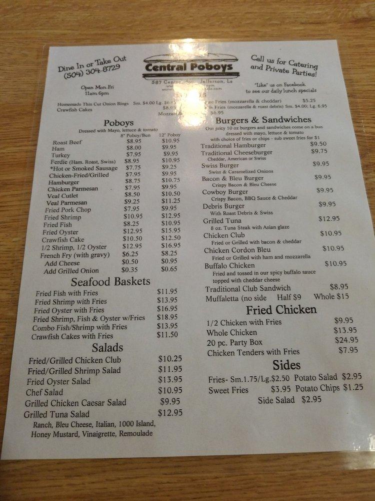 Menu at Central Poboys restaurant, Jefferson