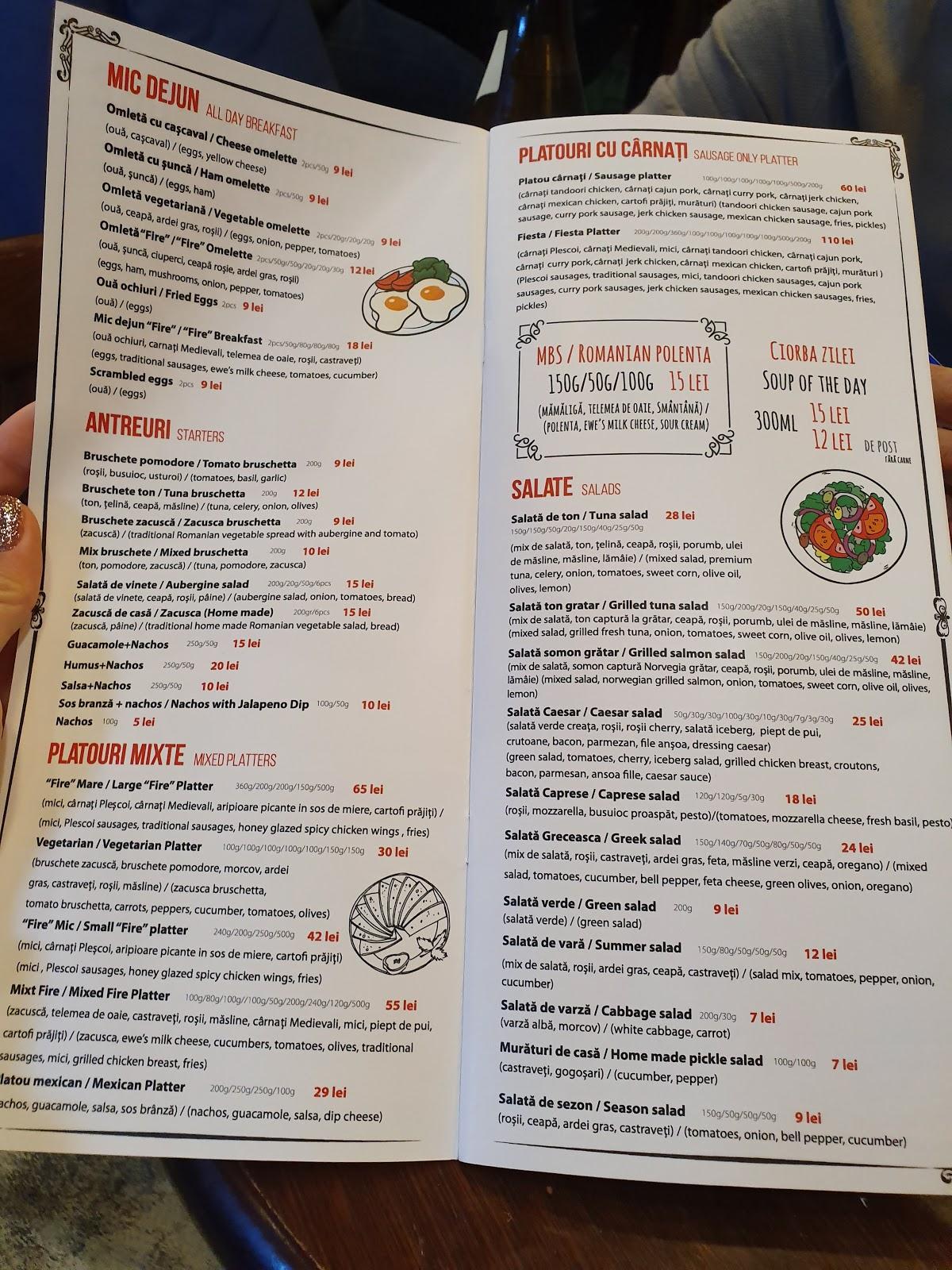 Menu at Fire Club, Bucharest