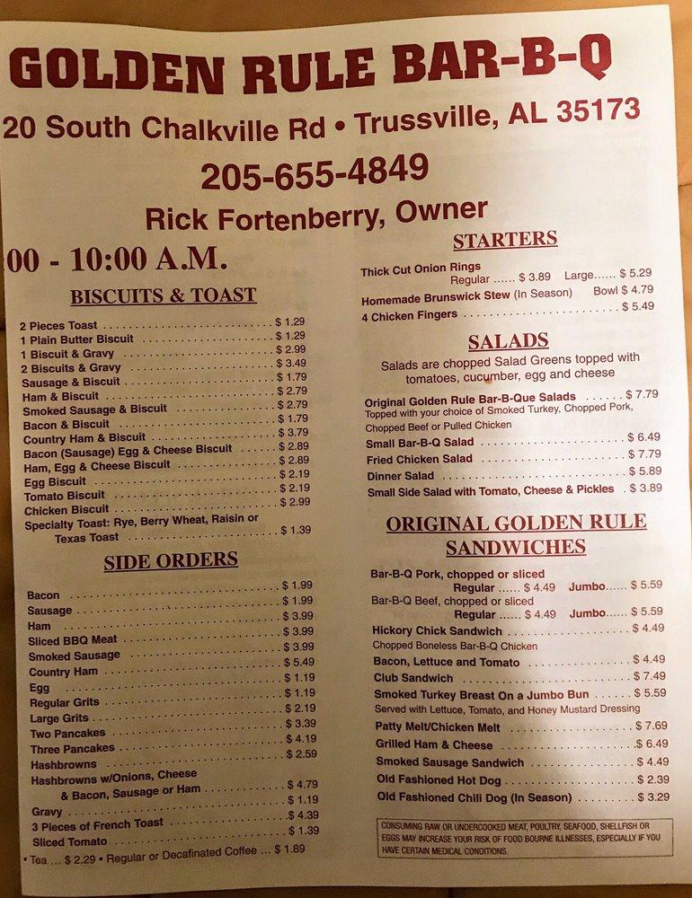 Menu at Golden Rule BBQ & Grill, Trussville, 120 S Chalkville Rd
