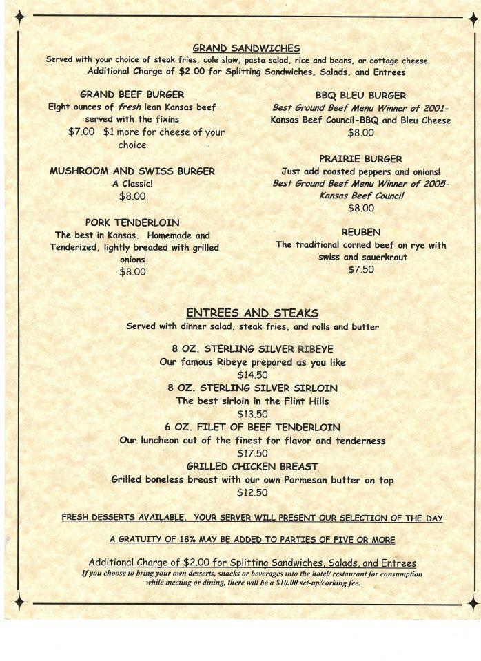 Menu at Grand Central Hotel & Grill restaurant, Cottonwood Falls