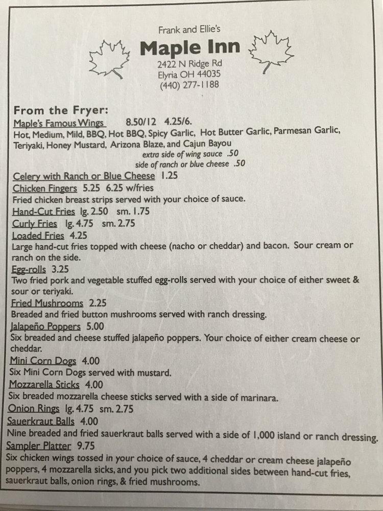 Menu at Maple Inn pub & bar, Elyria
