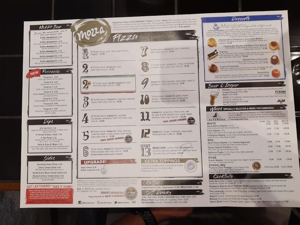 Menu at Mozza restaurant, Saint Andrews