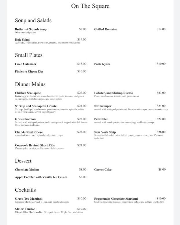 Menu at On the Square restaurant, Tarboro