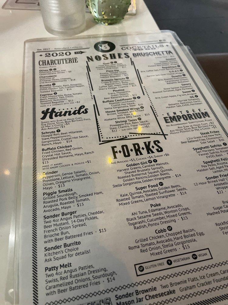 Menu at Sonder steakhouse, Bakersfield