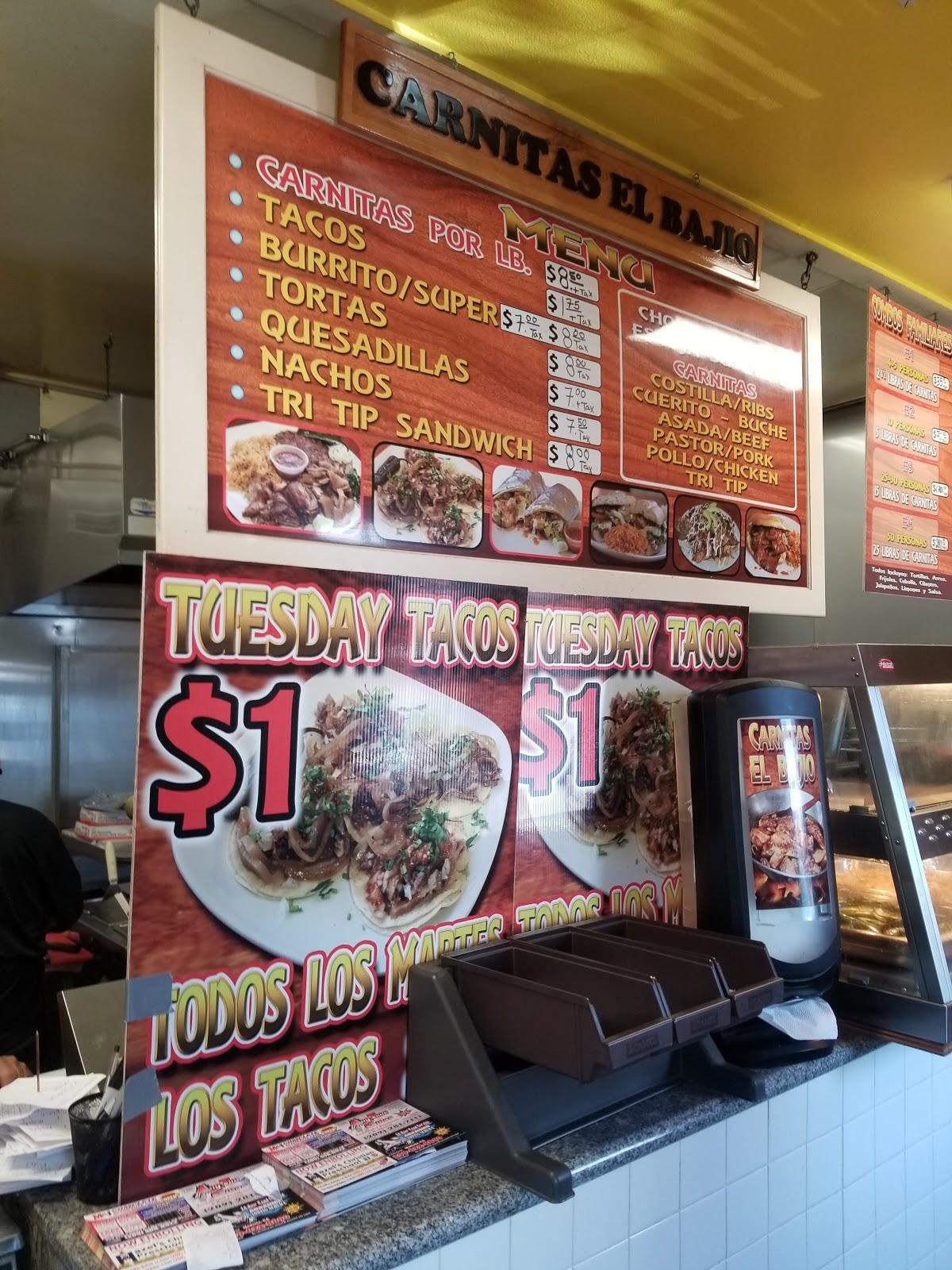 Menu at Carnitas El Bajio restaurant, Modesto, McHenry Ave