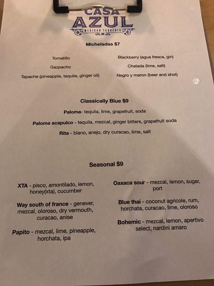 Menu at Casa Azul restaurant, Buffalo, 191 Allen St