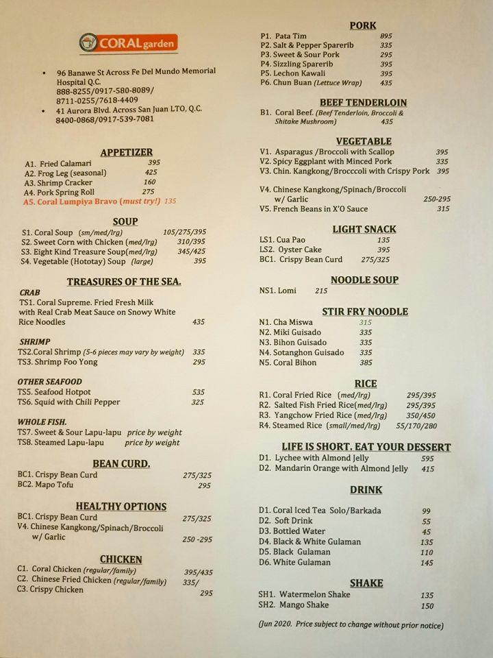 Menu at Coral Garden Restaurant, Quezon City, 96 Banawe St