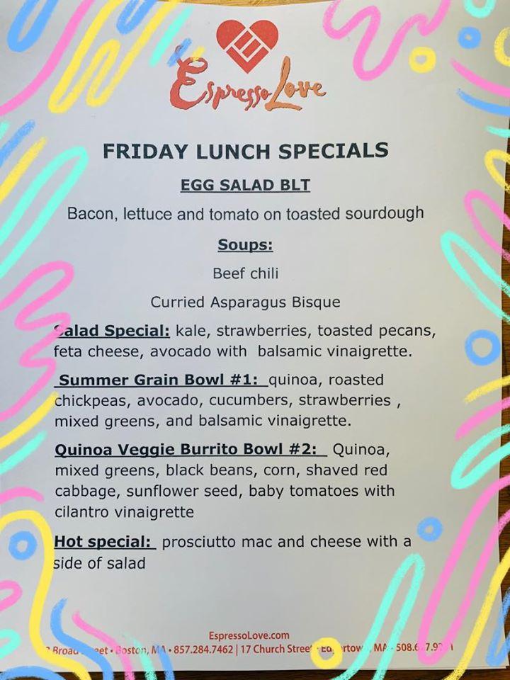 Menu at Espresso Love cafe, Boston, 33 Broad St