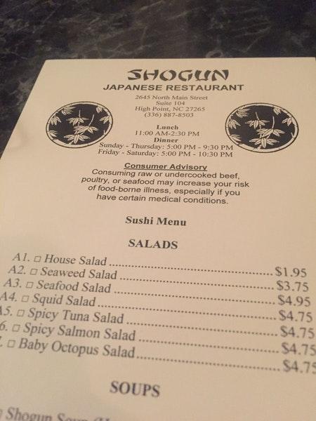 Menu at Shogun Japanese Restaurant, High Point