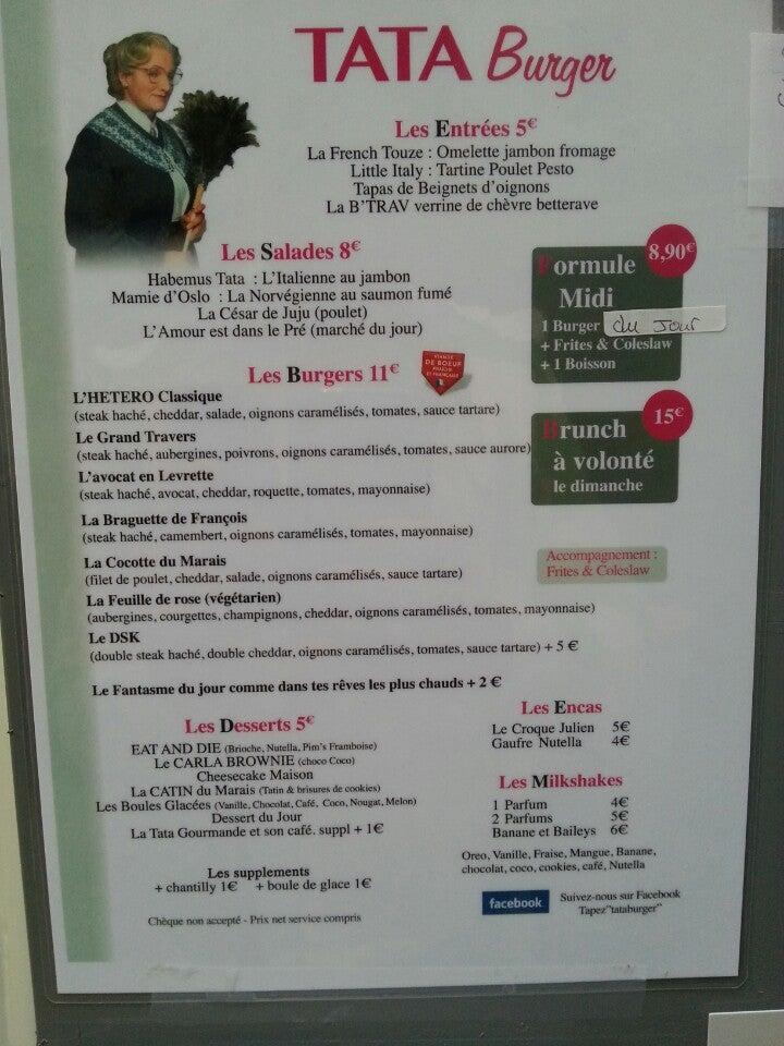 Menu au Tata Burger restaurant, Paris, 54 Rue Sainte Croix de la ...