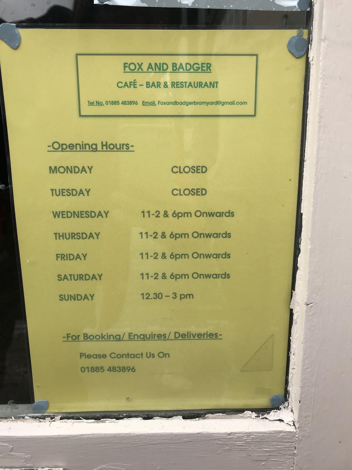 Menu at The Fox & Badger cafe, Bromyard