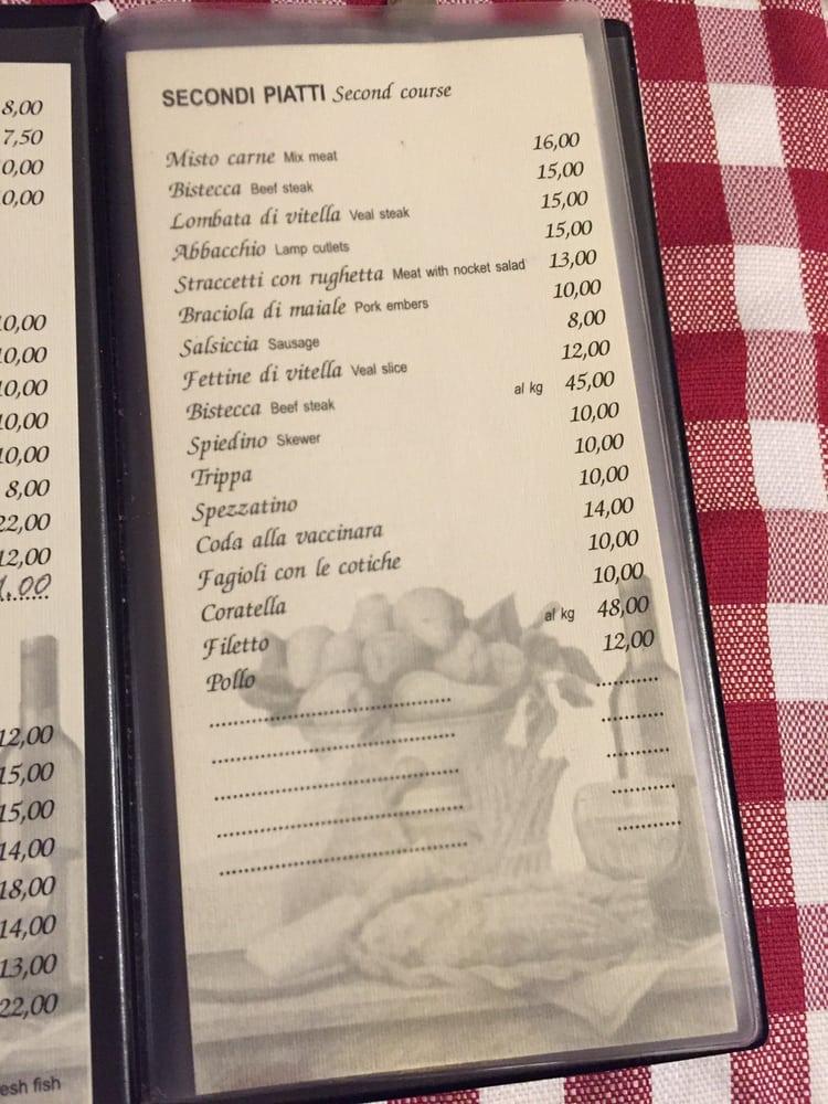 Menu at Da Sergio restaurant, Rome, Vicolo delle Grotte