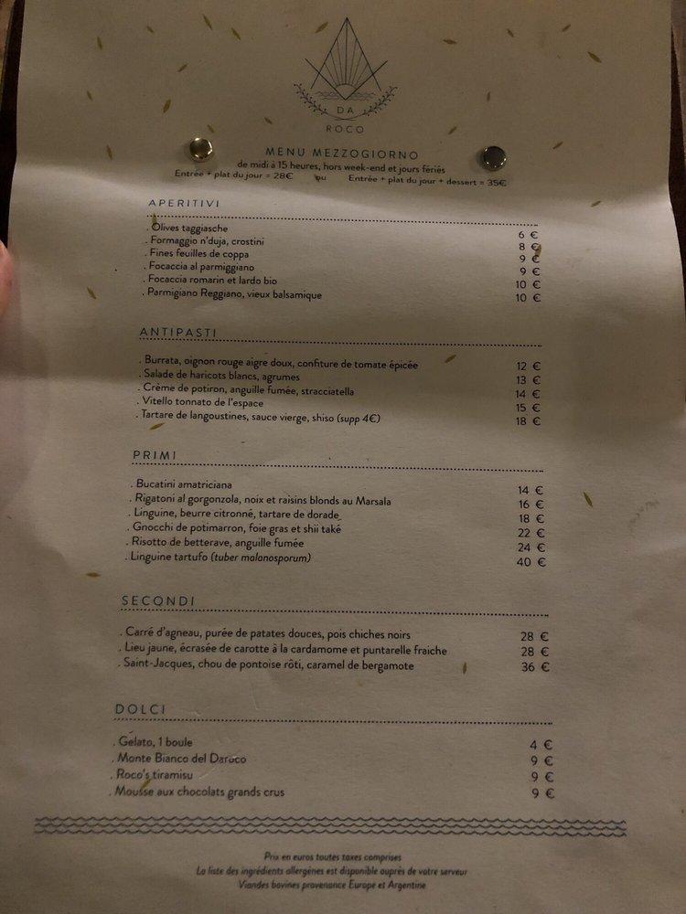 Menu at Daroco Bourse restaurant, Paris
