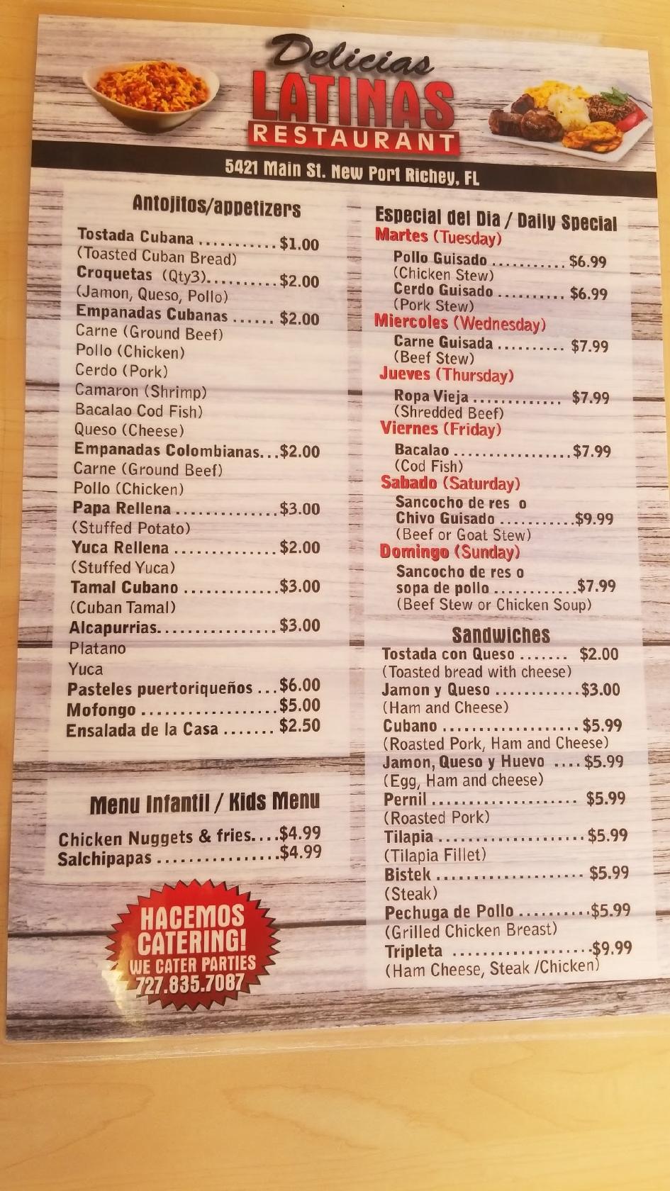 Menu at Delicias Latinas Restaurant, New Port Richey