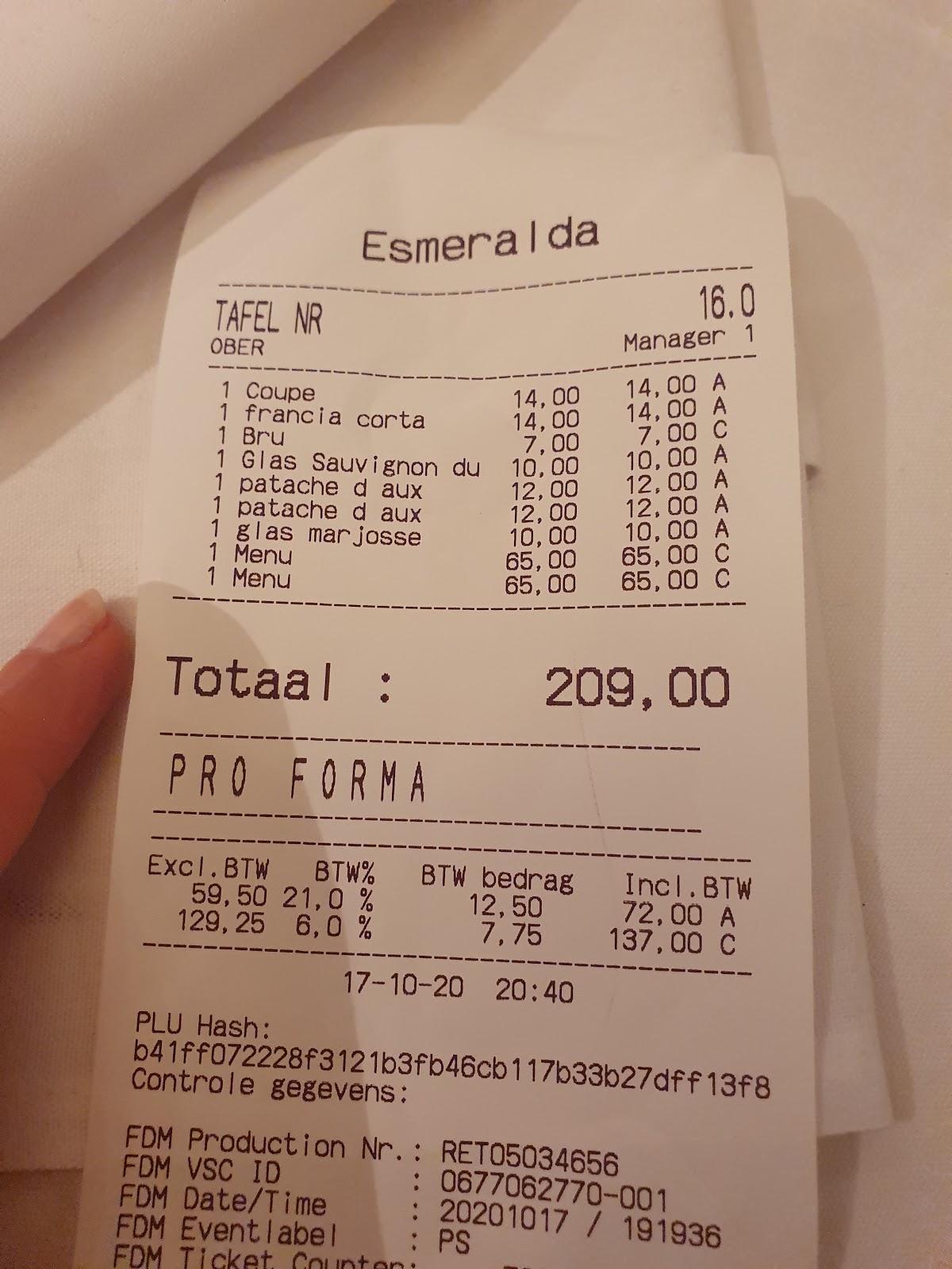 Menu at Esmeralda, Knokke-Heist, Jozef Nellenslaan 161