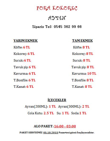Menu at Fora Kokoreç AYDIN, Edirne