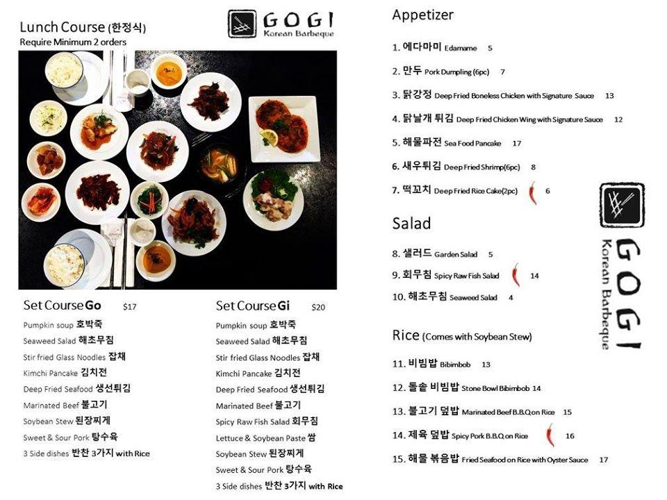 Carta de GOGI Korean BBQ, Calgary
