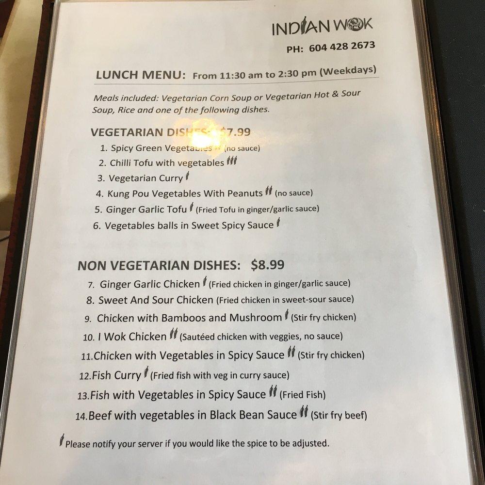 Menu at Indian Wok restaurant, Burnaby