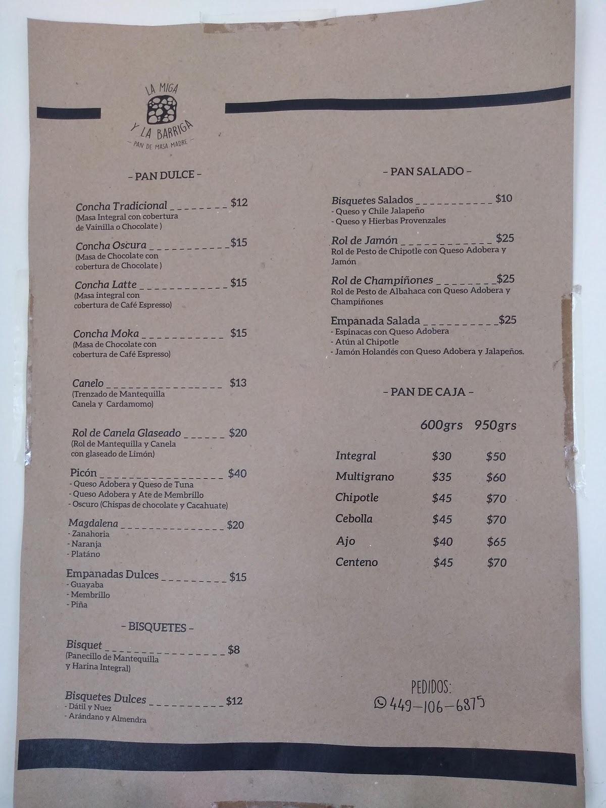 Menu at La Miga y la Barriga Sur, Aguascalientes