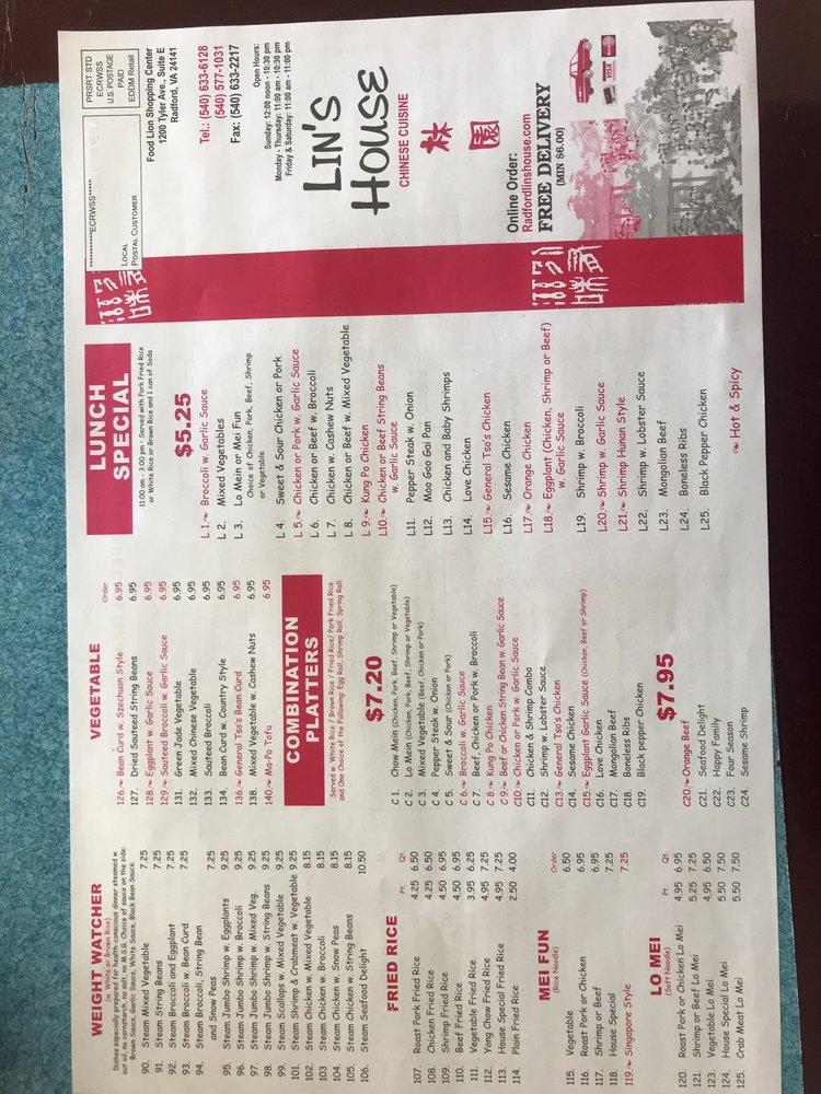 Menu at Lin House restaurant, Radford
