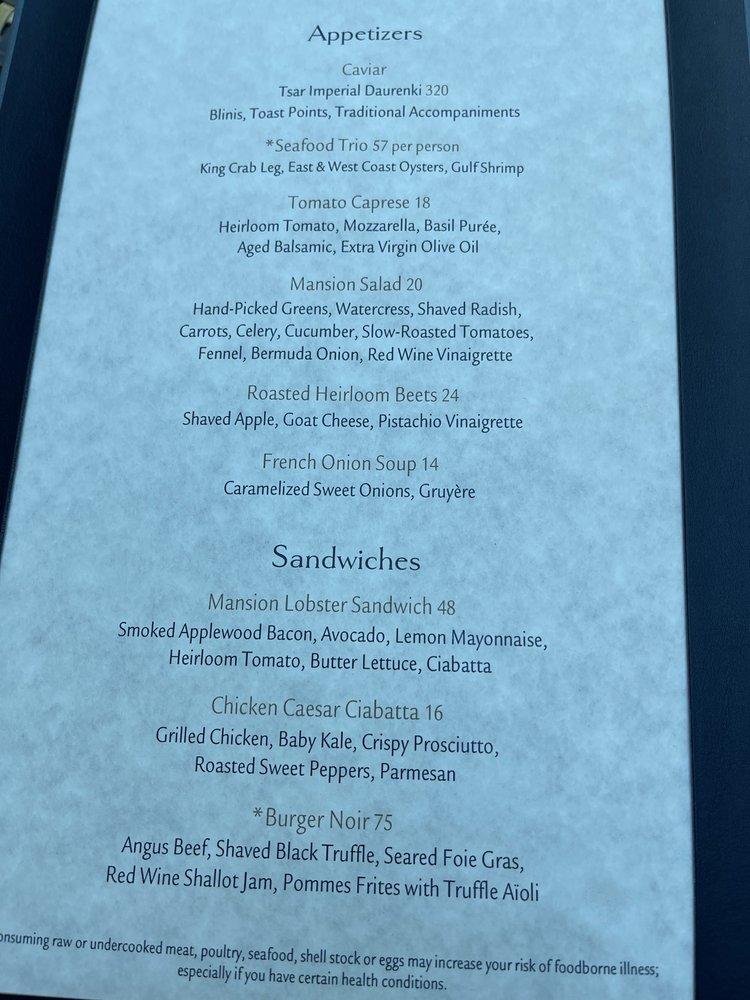 Menu at Mansion Dining Room restaurant, Las Vegas