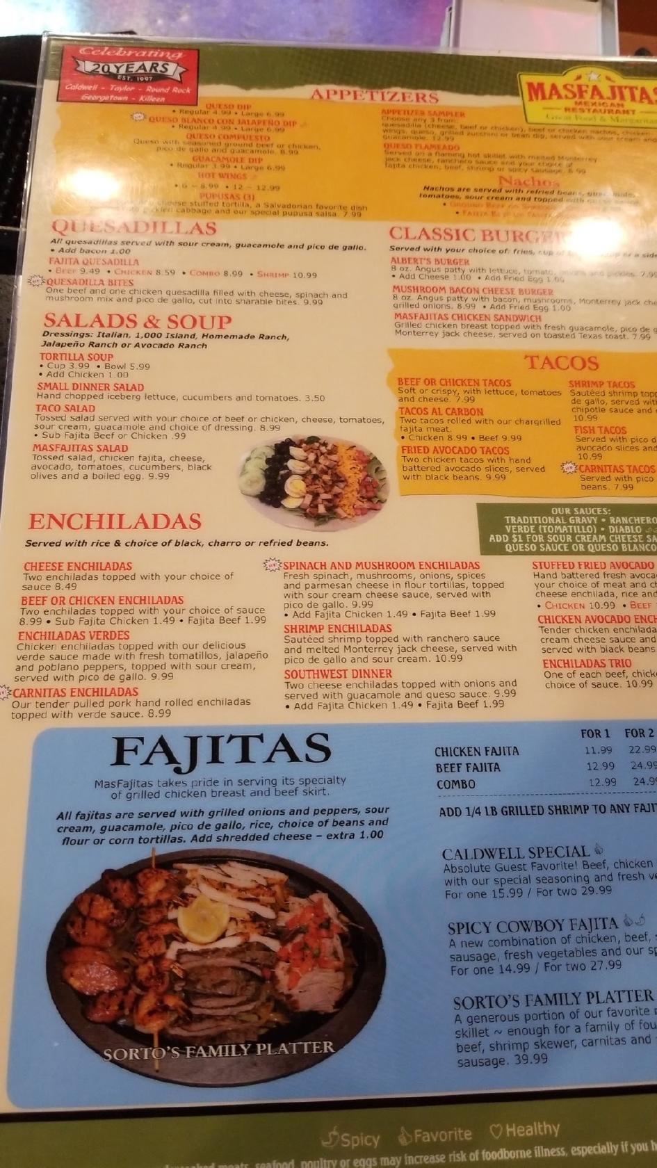 Menu at Masfajitas restaurant, Georgetown, Williams Dr #102