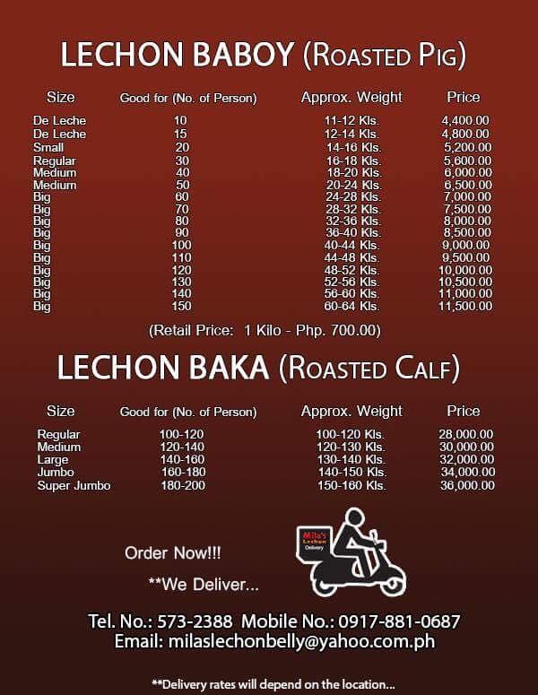 Menu at Mila's Lechon restaurant, San Juan
