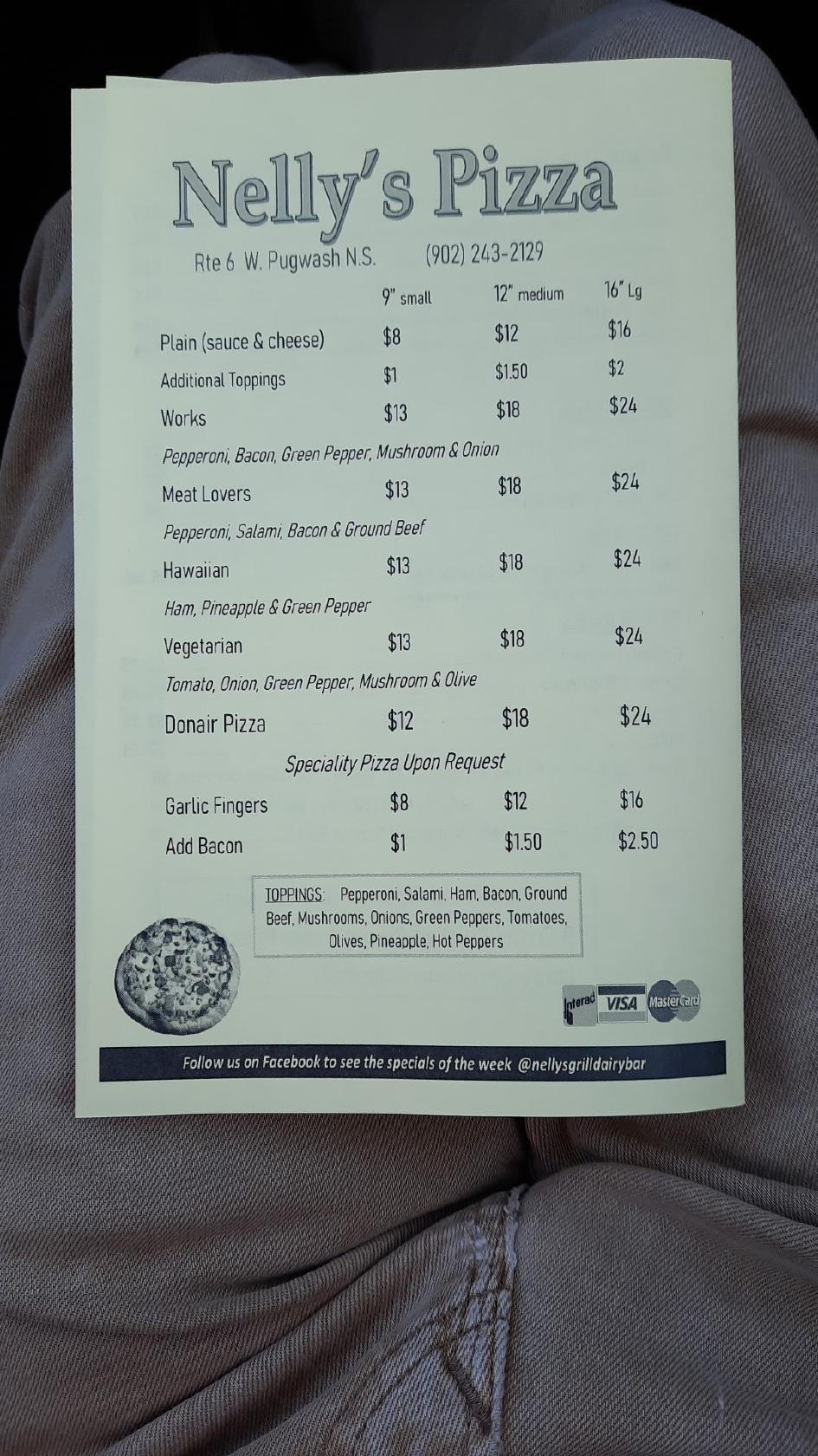 Menu at Nelly's Grill and Dairy Bar, Canada