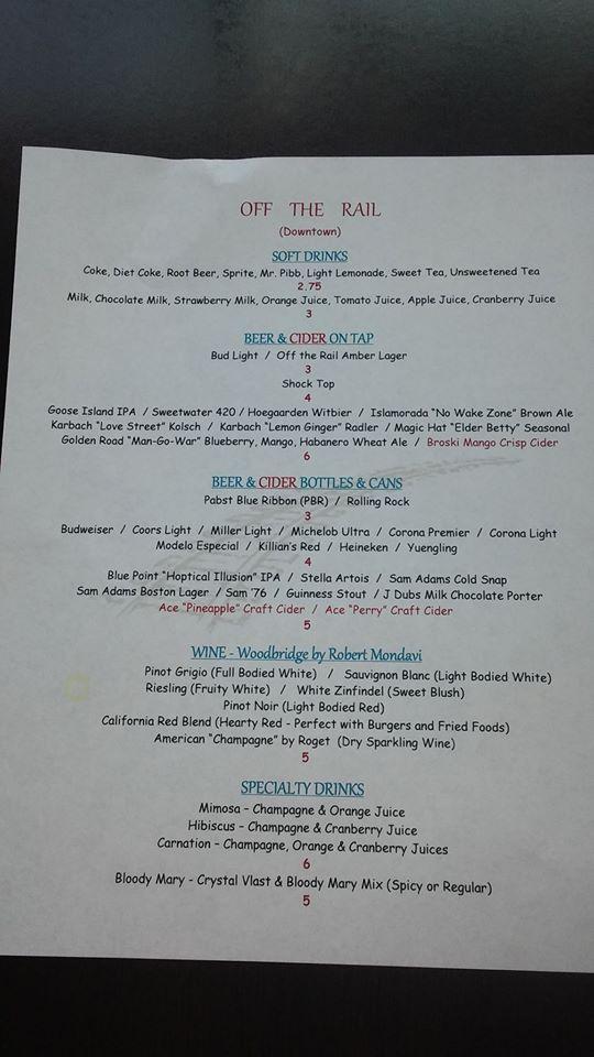 Menu at Off the Rail Downtown restaurant, Vero Beach