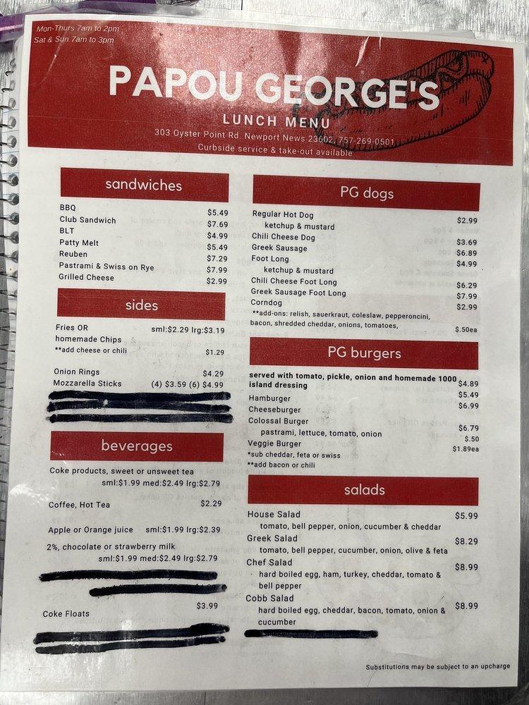 Menu at Papou George's Hot Dogs restaurant, Newport News