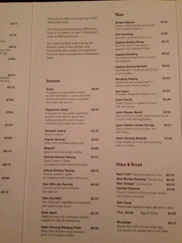 Carta de Satay House Malaysian Restaurant, Londres