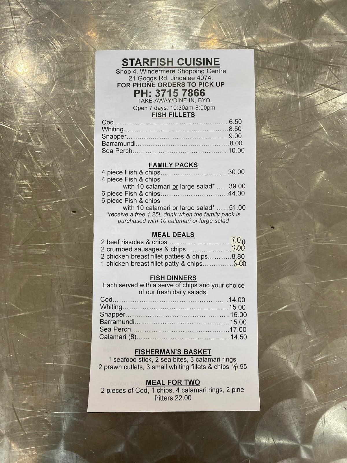 Menu at Starfish Cuisine restaurant, Jindalee