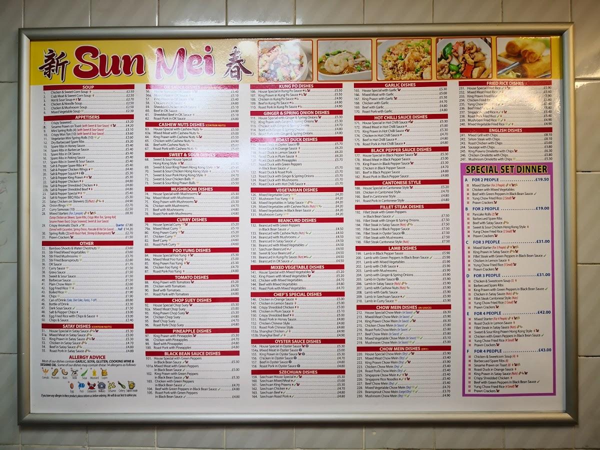 Menu at Sun Mei restaurant, Barnsley