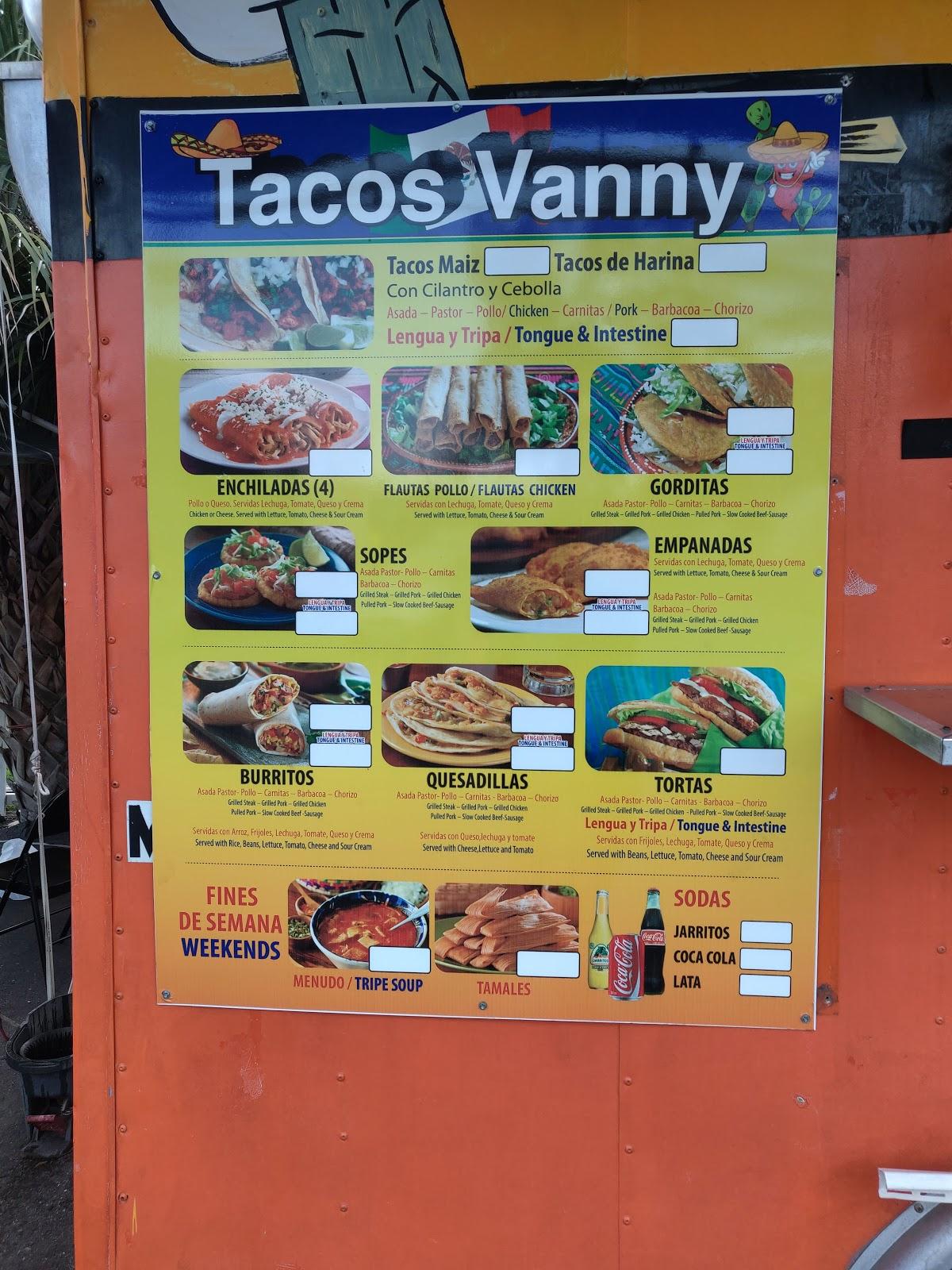 Menu at Taco vanny restaurant, Seffner