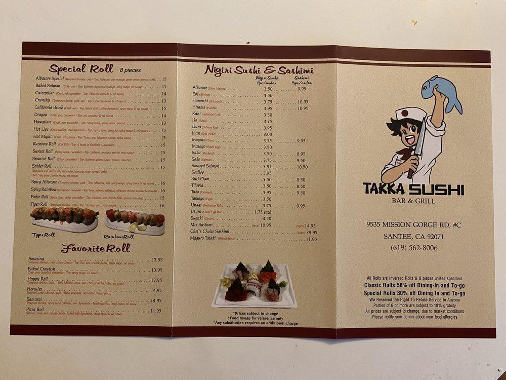 Menu at Takka Sushi Bar & Grill, Santee