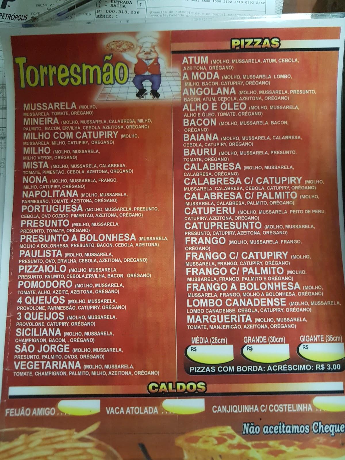 Menu at Tele Pizza Torresmão pizzeria, Barbacena