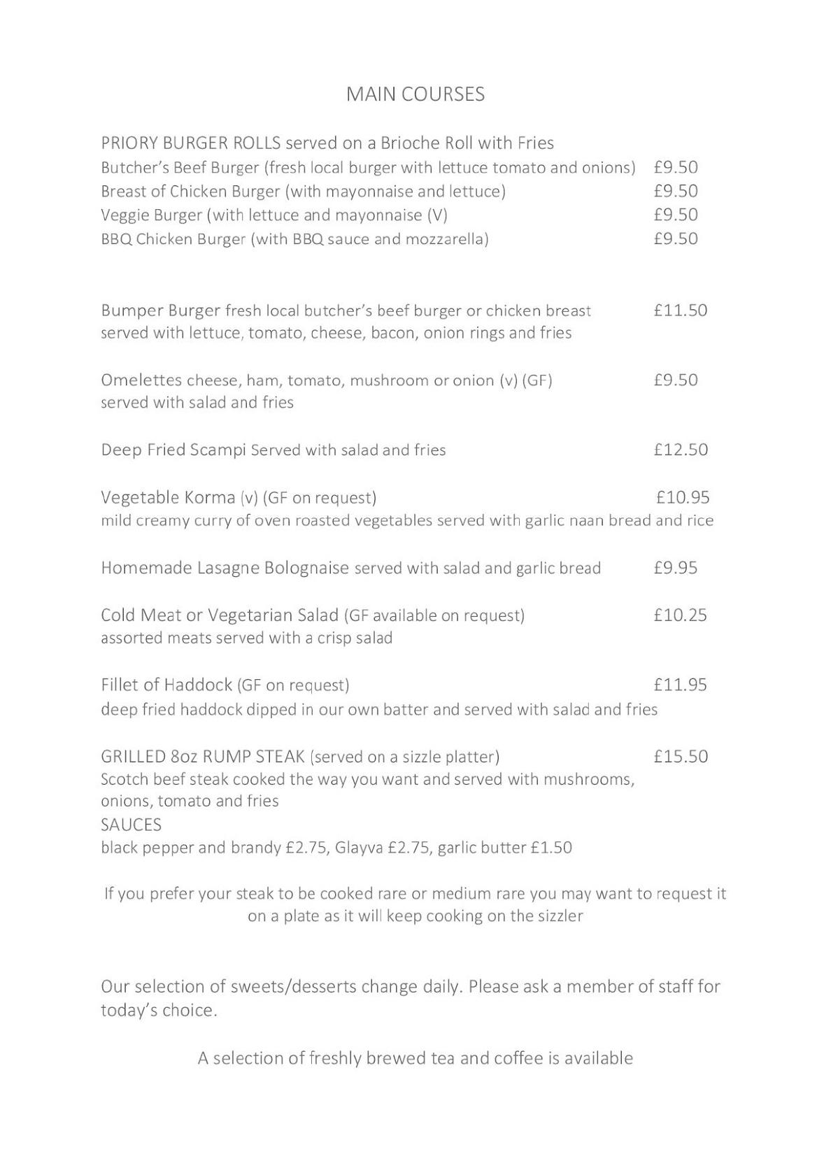 Menu at The Priory Hotel restaurant, Beauly